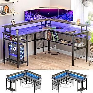 Unikito Cool L Shaped Computer Desk, Reversible Corner Office Desk with Smart Strip Light and Magic Power Outlets, Sturdy Ergonomic Gaming Table with Monitor Stand and Storage Shelf, Grid Design, Gray