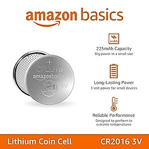 Amazon Basics 4-Pack CR2016 Lithium Coin Cell Battery, 3 Volt, Long Lasting Power, Mercury-Free