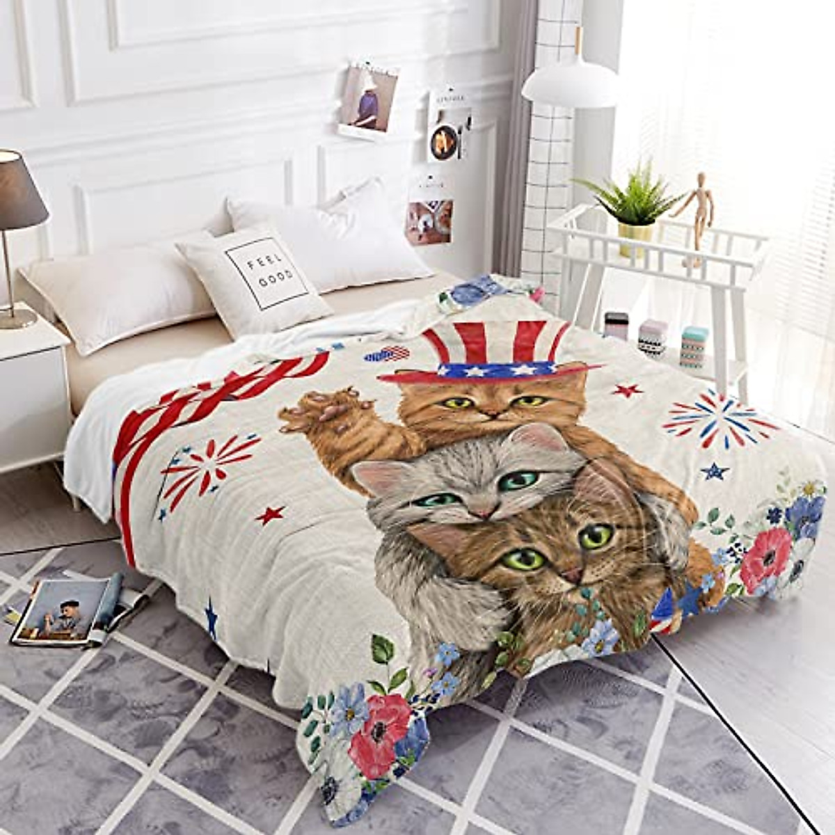 Flannel Fleece Throw Blanket Cute Cat USA Flag Independence Day Star Poppy Floral,Lightweight Cozy Warm Throws Patriotic Fireworks on Cotton,Soft Plush Blankets for All Seasons,Bed Couch Car 50x60in