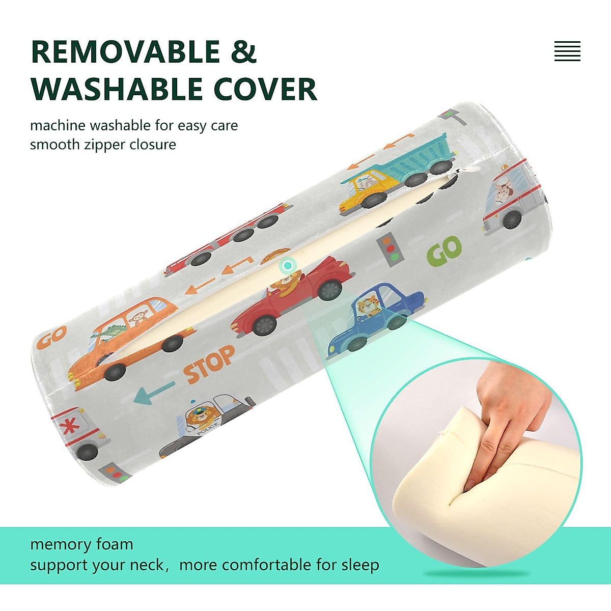 GOODOLD Kid Cartoon Cars Neck Roll Pillow Ultra Soft Bolster Round Pillow with Memory Foam & Removable Cover for Knees and Neck Support During Sleep