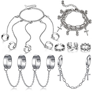 IFKM Vintage Silver Chain Finger Rings Bracelet, Gothic Punk Emo Cross Cool Simple Rings, Adjustable Statement Stackable Rings For Wen Women