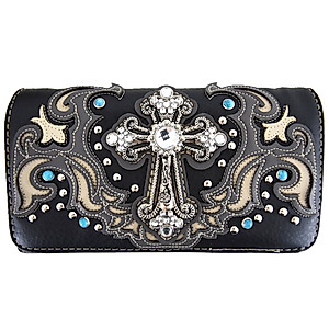 Western Style Rhinestone Cross Tote Concealed Carry Purse Laser Cut Handbag Women Shoulder Bag Wallet Set (Black/Gray Set)