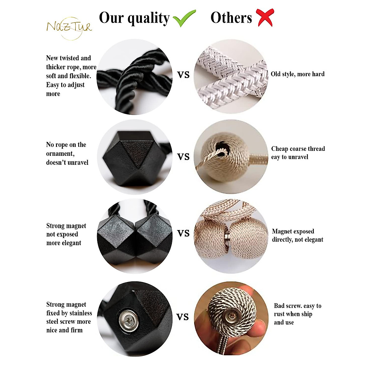 NazTur Magnetic Curtain Tiebacks- Upgrade 2022 with a Thicker Twist Rope & Strong Magnet Tieback Window Treatment Holdbacks Draperies Holders Decorative Drape Handmade Tie Back (Black, 4)
