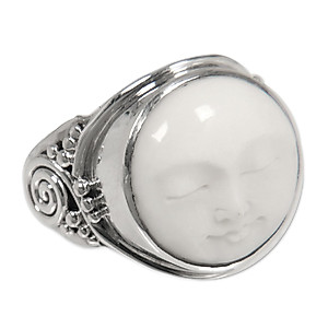 NOVICA Artisan Handmade Bone Ring Crafted .925 Sterling Silver Cocktail No Stone Indonesia 'Face of The Moon'