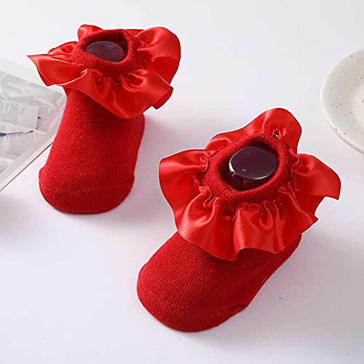 Yenzat Baby Girls Ruffle Grip Socks Newborn Infant Anti Slip Non Skid 0-6 Months 6 Pairs