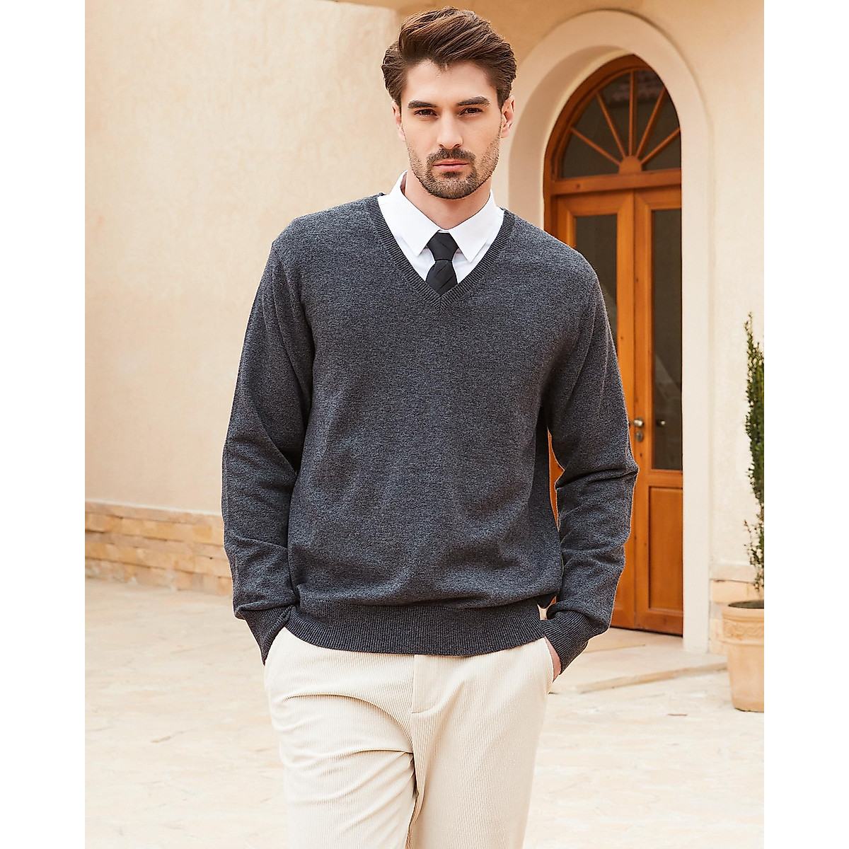 Kallspin Men's Wool Blend V-Neck Sweater Relax Fit Knit Pullover (Charcoal, X-Large)