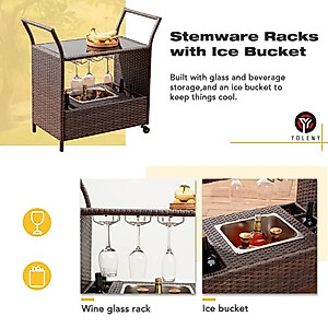 YOLENY Outdoor Wicker Bar Cart,Rolling Patio Wine Cart with Ice Bucket,Glass Countertop, Wine Glass Holders,Rattan Bar Serving Cart for Pool, Party, Backyard