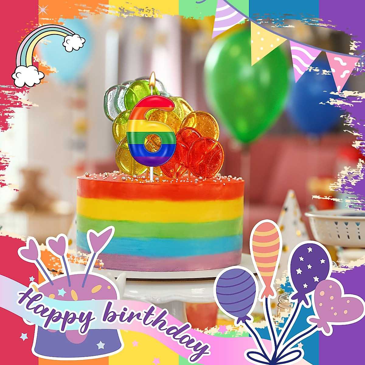 Tondiamo Rainbow Number Candle Birthday Cake Topper Birthday Candle Number Cake Topper Candle for Cake for Boys Girls Kids Party Supplies Rainbow Ornament Decorations (Number 6)