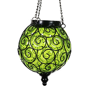 Exhart Outdoor Garden Solar Lights, Round Glass and Metal Hanging Lantern, 15 Firefly LED Lights, 7 x 20 Inch, Green