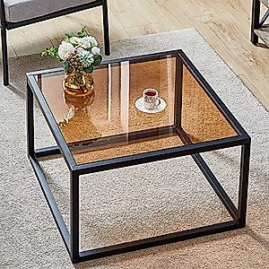 SAYGOER Glass Coffee Table Modern Coffee Tables Simple Square Center Table for Living Room Home Office Tempered Glass-top with Sturdy Metal Frame 26.7 x 26.7 x 15.7 Inches Easy Assembly, Brown Glass