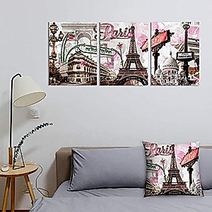 Decor MI Paris Canvas Wall Art Pink Eiffel Tower Paris Decor for Bedroom Canvas Print Wall Art Girls Romantic French Cityscape Framed Print Oil Paintings Living Room Bathroom Kitchen 12x16inch 3 Piece