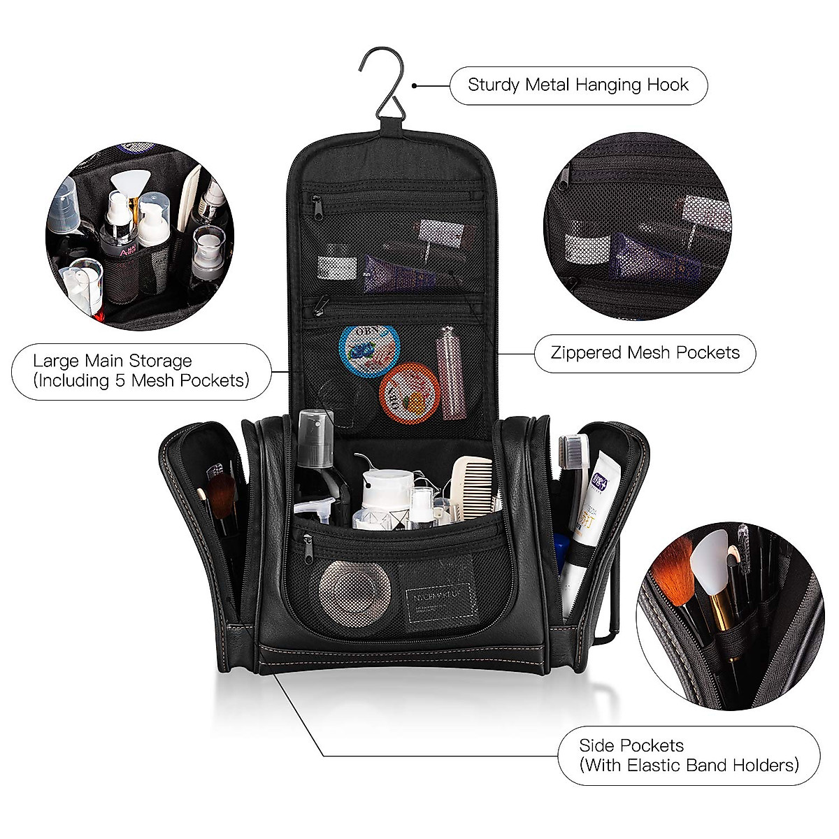 MIRASON Hanging Toiletry Bag for Men Dopp Kit Waterproof Leather Travel Organizer with Sturdy Metal Hook and Handle for Bathroom Shower Cosmetics Camping Brushes Shaving (Black)