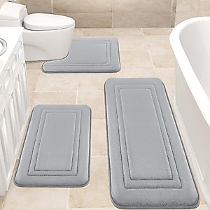 Memory Foam Bathroom Rug Velet Bath Mats Sets 3 Pieces Ultra Soft Non Slip and Absorbent Toilet Mats Set Carpet Washable, Light Grey, Square Pattern