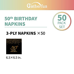 Gatherfun 50th Birthday Napkin Disposable Paper Napkins Black and Gold Party Decorations Tableware for Men Woman 50 Birthday Party（6.5X6.5in, 3-Ply, 50-Pack)