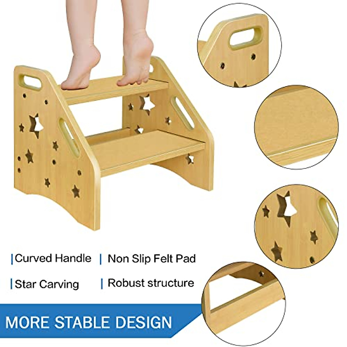 Nursery Step Stool for Kids, 2 Step Toddler Step Stool with Openwork Stars, Toddler Potty Training Step Stool, Kitchen Step Stool with Non-Slip Step Treads and 4 Cutout Handles, Toddler Step Stool
