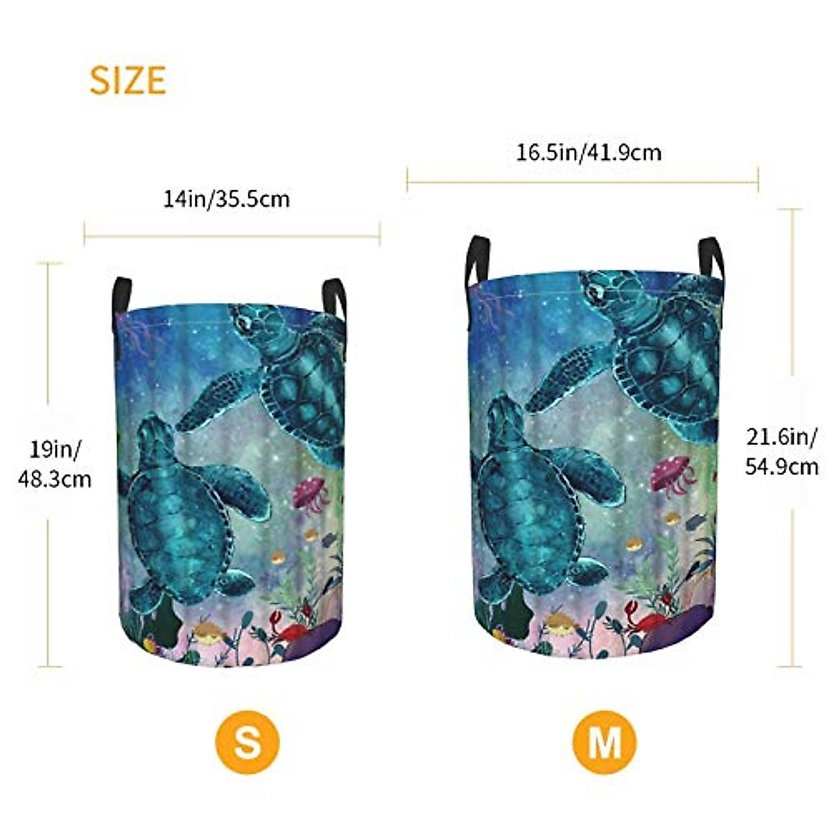 Round Storage Basket with Handles,Sea Turtle Ocean Creature Landscape Underwater Fish Seaweed Jellyfish Coral,Waterproof Coating Organizer Bin Laundry Hamper for Nursery Clothes Toys 21.5"x 16.5"