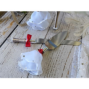 Abbie Home Wedding Anniversary Cake Knife and Server Set in Grey and White- Silk Bow Tie and Red Rose Rhinestone Lace Decoration (Cake Knife&Server Set)