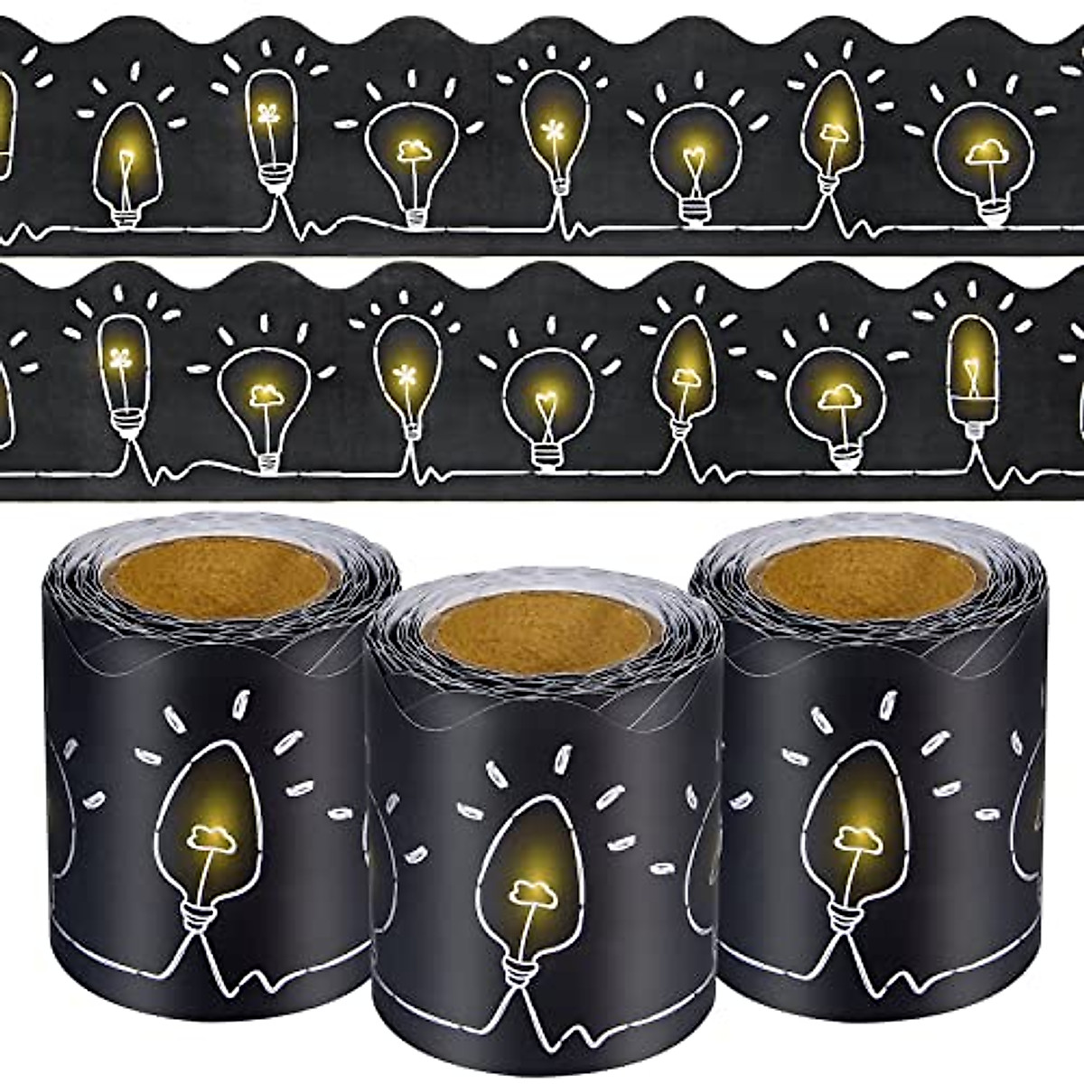 99 Feet Bulletin Board Border, 3 Rolls Light Bulbs Scalloped Borders Trim Card Stock Lightbulbs Classroom Bulletin Board Border Trim for Back to School Chalkboard Whiteboard Decorations