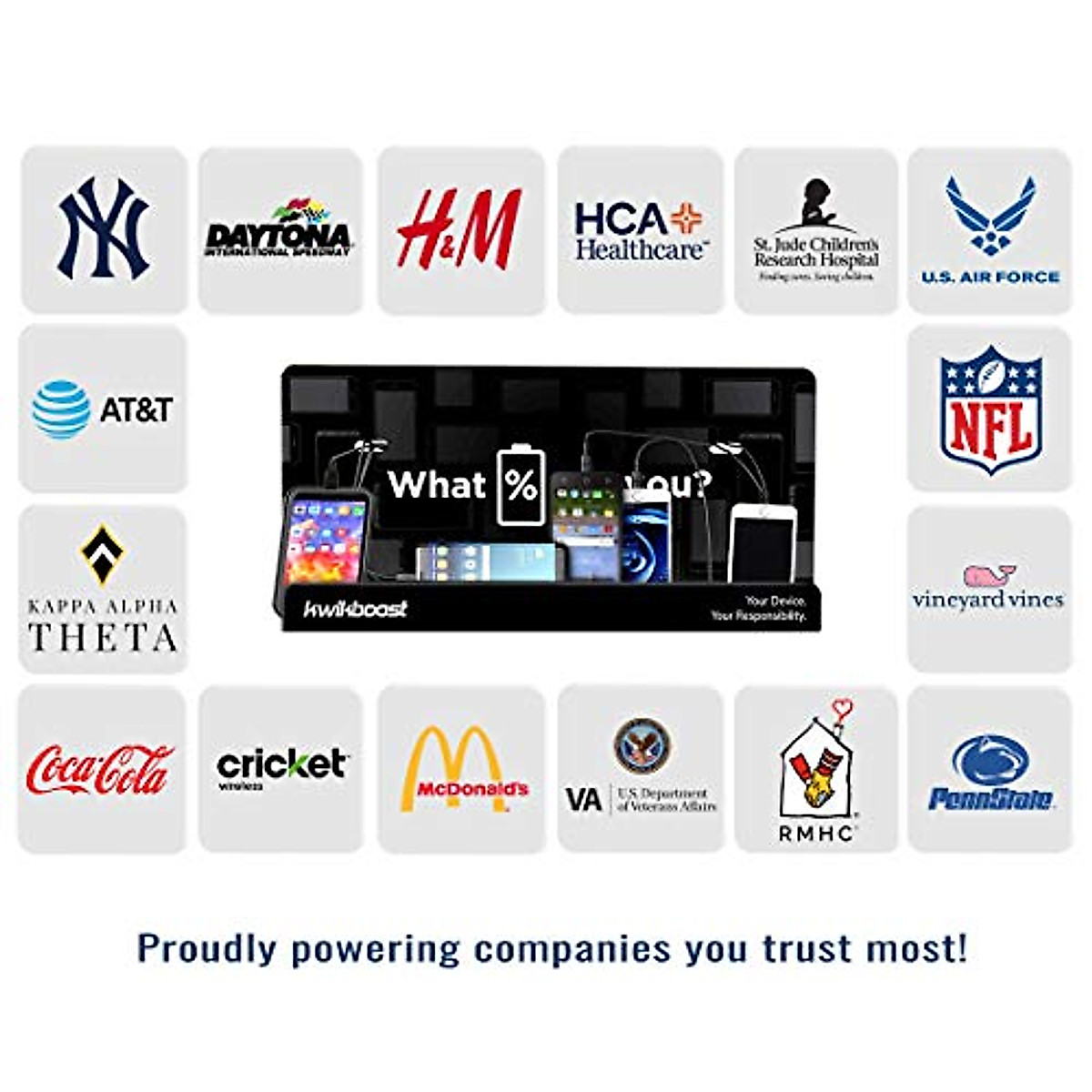 KwikBoost Wall Mount Cell Phone Charging Shelf | Multi-Device Station with 8 Ports | Compatible with Apple iPhone, iPad, Samsung, Android, Tablets and More! (18" x 9")