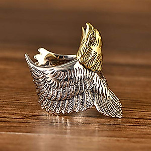 Two Tone Flying Eagle Ring with Golden Head Vintage 925 Sterling Silver Hawk Ring for Men Women Open Adjustable