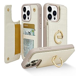 CUSTYPE for iPhone 15 Pro Wallet Case with Card Holder,Leather Case with Ring Holder Kickstand,Snap Button Card Slots Case for Women Men for iPhone 15 Pro 6.1"-Beige
