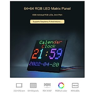 Coolwell RGB Full-Color LED Matrix Panel for Raspberry Pi and Ardui, 3mm Pitch, 64×64, 4096 Individual RGB LEDs, Brightness Adjustable