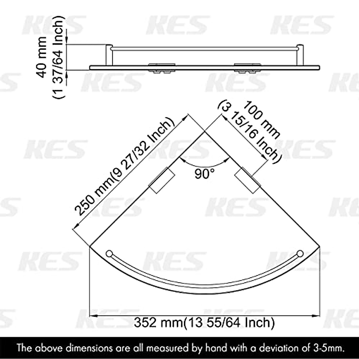 KES Glass Corner Shelf Bathroom Shelf Tempered Glass with Rail SUS 304 Stainless Steel Floating Wall Mount Bracket Matte Black, BGS2101A-BK