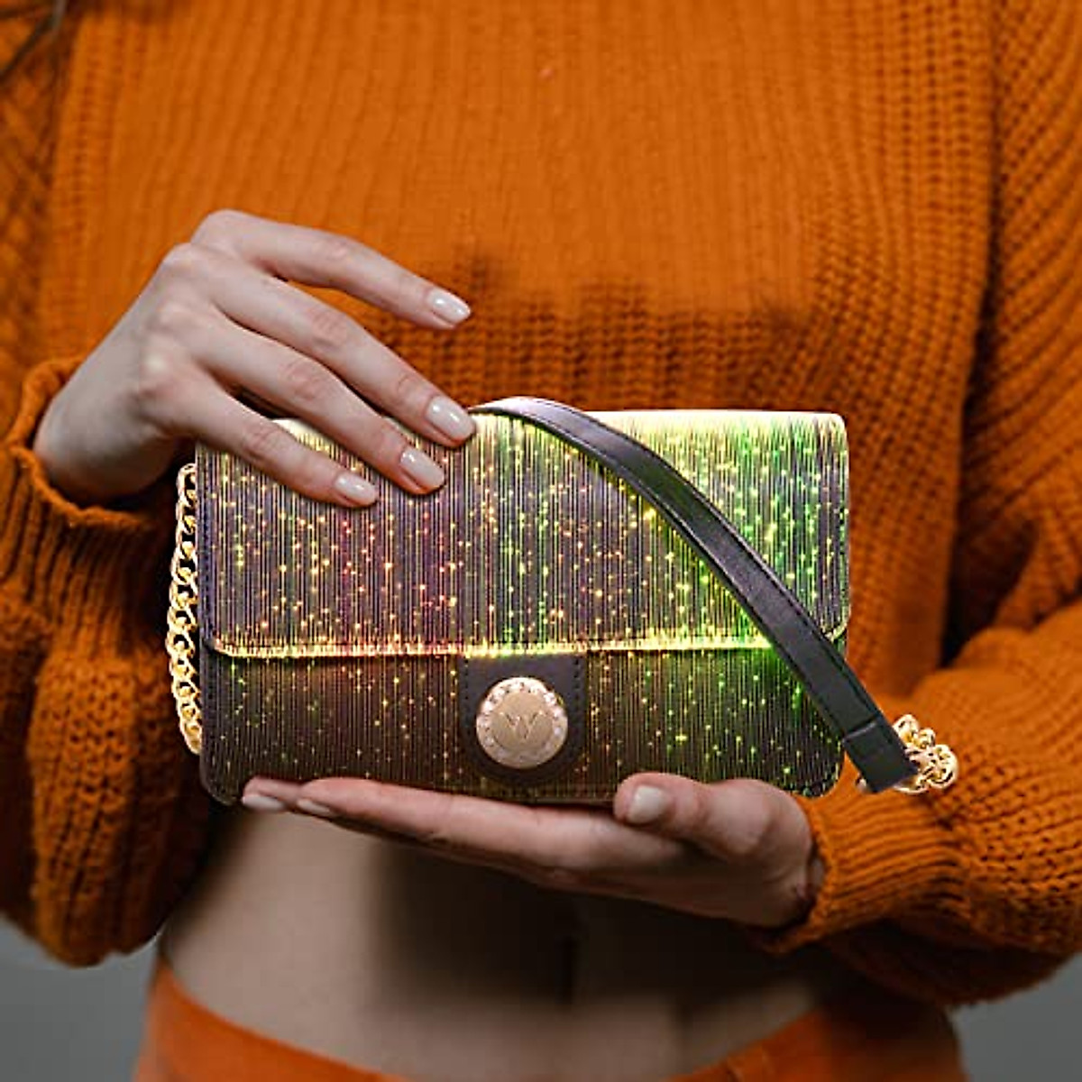 lumisonata Small Quilted Crossbody Bags for Women Handbags LED Shoulder Bag Mini Designer Trendy Purses Leather Black Evening Bag Light Up Clutch Wallet Glitter with Metal Chain Strap