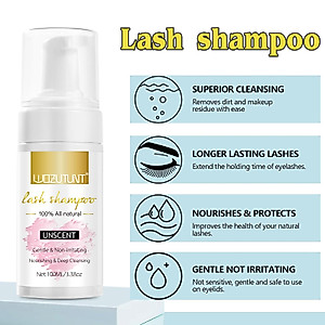 3.38 OZ Eyelash Extension Cleanser Lash Mousse Lash Shampoo for Lash Extensions, USB Mini Fan Rechargeable Electric Handheld Air Conditioning Lash Shampoo Kit Lash Brushes Cleanser Brush Wash Bottle