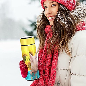 CaTaKu Sunflower Pig Wooden Water Bottle Insulated 16 oz Stainless Steel Flask Thermos Bottle for Coffee Water Drink Reusable Wide Mouth Vacuum Travel Mug