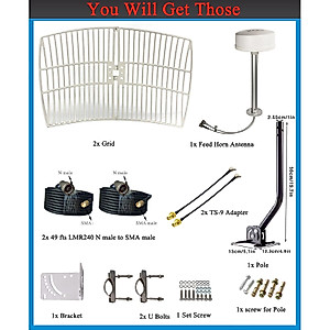 SIGNALPLUS Parabolic Antennas Kit, 2x2 MIMO Antenna 5G, 4G LTE Antenna Outdoor Directional WiFi Antennas Long Range for 5G 4G LTE Routers, TS-9, SMA, 698-6000MHz, 30dBi, 15meter LMR240, Mount Pole