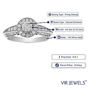 Vir Jewels 3/4 cttw Diamond Wedding Engagement Ring 14K White Gold Halo Prong Set Bridal Size 6