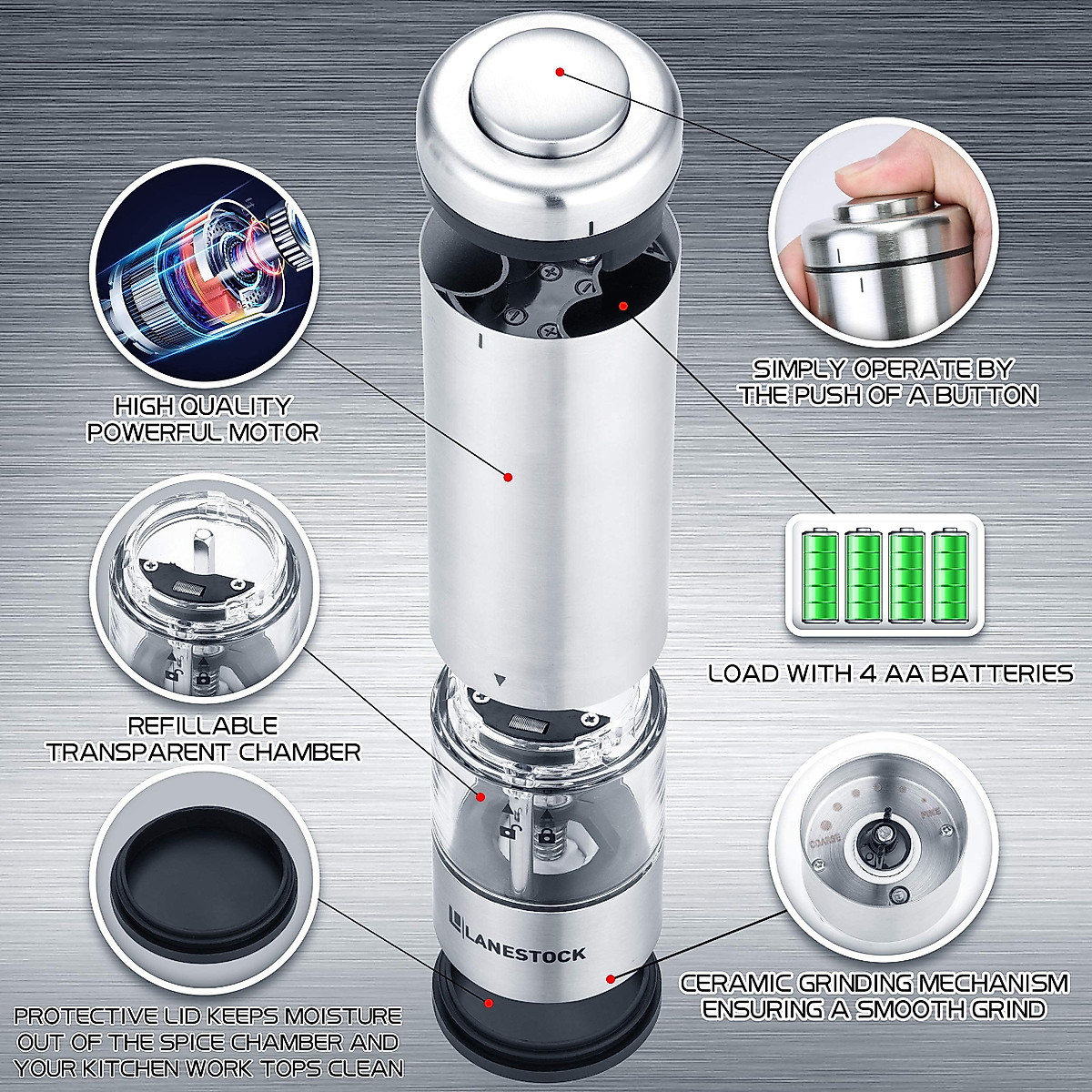 Electric Salt and pepper grinder by Lanestock - Combo set of battery operated stainless steel spice grinders with stand - LED light and adjustable knob on each mill - Powerful motor - long life-span