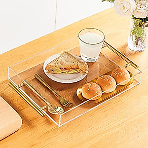MUKEEN Clear Acrylic Serving Tray with Metal Handles -Spill Proof- Decorative Countertop Organizer for Ottoman Coffee Table Nightstand, sidetable, Breakfast, Tea, Food, Butler (11x14 Inch, Clear)