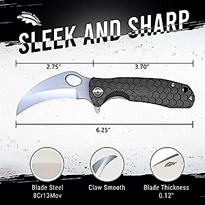 Western Active Honey Badger Small Pocket Knife EDC Claw Hawkbill Folding Utility Knife 2.75" Steel Blade, Reversible Pocket Clip, Folding Pocket Knife - (2.9oz) Claw Smooth Small Black HB1141