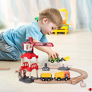 Winb Wooden Train Tracks 70pcs & Construction site Wooden Train Track, Gift Packed Toy Railway Kits for Kids, Toddler Boys and Girls Premium Wood Construction Toys-Fits 70pcs
