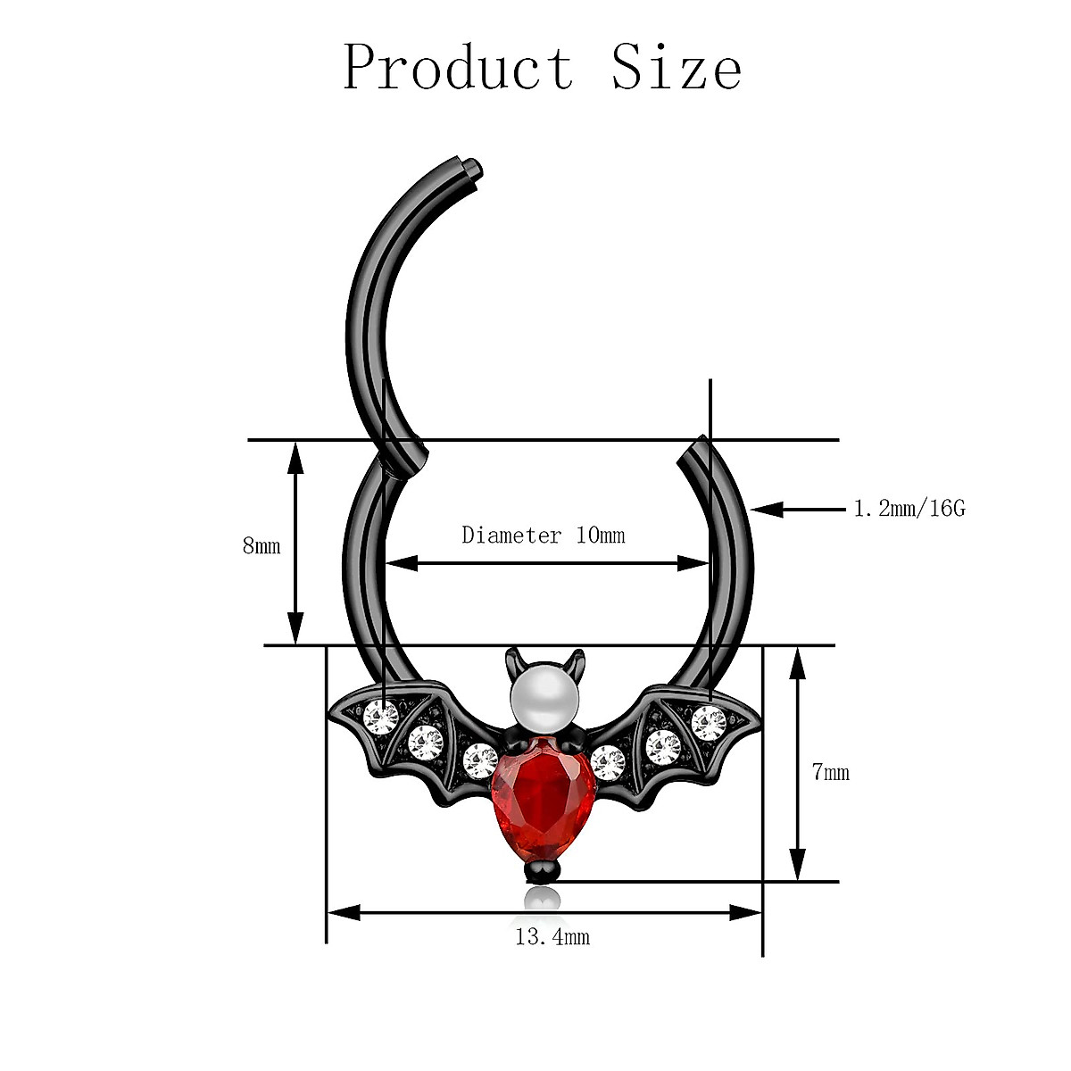 EVISPOL 1Pc 16G Halloween Bat Nose Rings for Women Men, 316L Stainless Steel Hinged Nose Ring Nose rings Hoops Bat Septum Ring CZ Septum Clicker Cartilage Earrings Daith Tragus Helix Ear Piercing Jewelry-10MM-Black-Red CZ