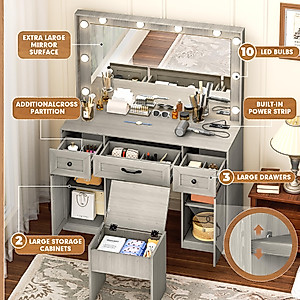 Greenvelly Makeup Vanity Table with Lighted Mirror, Grey Vanity Desk with 3 Lighting Modes and Stool Set, Dressing Table with Drawers, Vanity Desk for Women and Girls' Bedroom