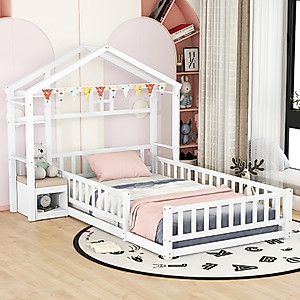 Floor Bed with Fence Railings and House Shape Headboard, Twin Size House Beds with Nightstand and Wooden Slats Support, Kids Montessori Style Playhouse Bed Frame for Girls Boys, White