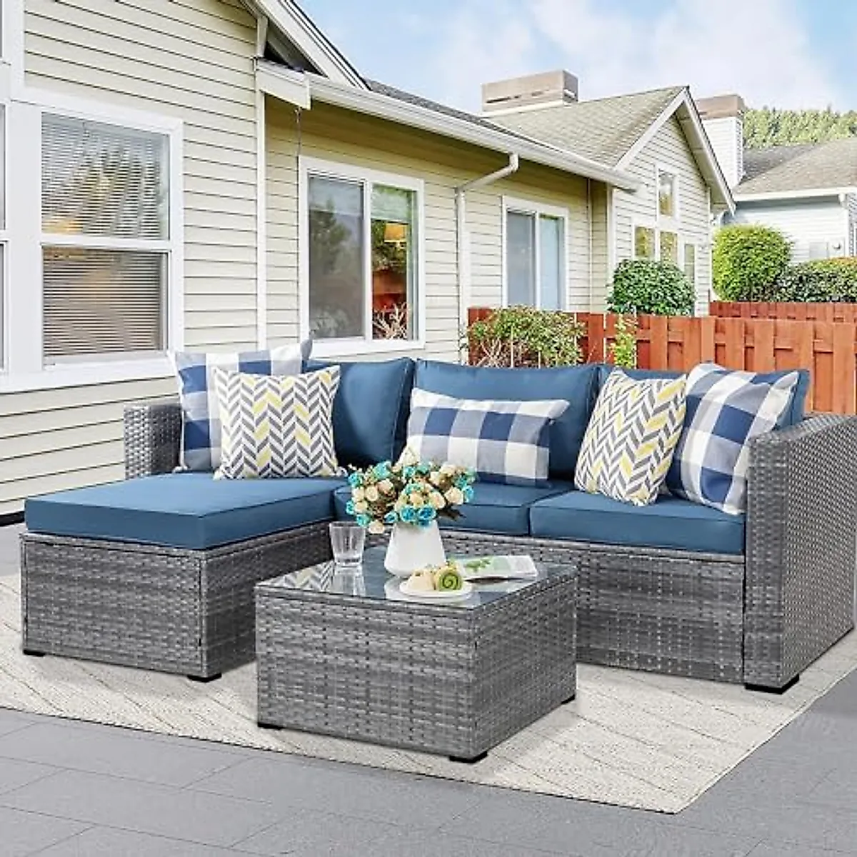 Shintenchi Patio Furniture Sets 3 Pieces Outdoor Sectional Sofa Silver All-Weather Rattan Wicker Sofa Small Patio Conversation Couch with Washable Cushion and Glass Table(Aegean Blue)
