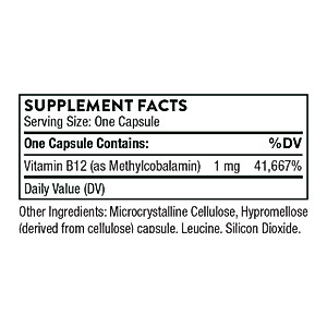 THORNE Vitamin B12 - as Methylcobalamin - Supports Heart and Nerve Health, Blood Cell Function, Healthy Sleep, and Methylation - Gluten-Free, Soy-Free, Dairy-Free - 60 Capsules