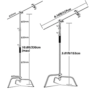 C Stand with Boom Arm-Photography Light Stand - Max Height 10.5ft/320cm, with 4.2ft/128cm Holding Arm ,Photography Stainless Steel Heavy Duty Stand Silver (CXJH01)