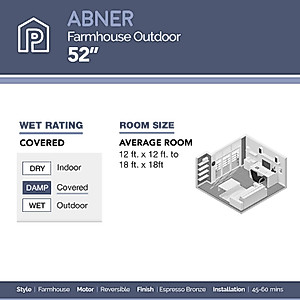 Prominence Home Abner, 52 Inch Modern Farmhouse Indoor Outdoor LED Ceiling Fan with Light, Pull Chain, Three Mounting Options, Dual Finish Blades, Reversible Motor - 80091-01 (Bronze)