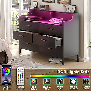 Hyomdeck 6 Drawer Dresser for Bedroom, Wooden Chest of Drawers with Power Outlets and Smart LED Light, Sturdy Modern Bedroom Furniture, Wide Storage Dresser for Living Room, Closet, Entryway, Black