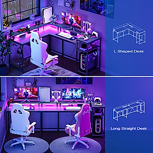 Jojoka L Shaped Gaming Desk,68" Computer Desk with Power Outlets & LED Lights, Home Office Desk with File Drawer, Corner Desk with Monitor Shelf and Hook, Two Person Desk (Black)
