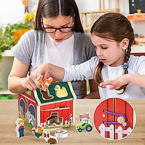 Atoylink Wooden Farm Toys for Toddlers 1 2 3 Year Old Take Along Matching Sorting Barn Farm Animals Playset Preschool Learning Educational Toy for Kids Boys Girls