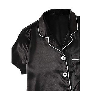 WDIRARA Women's Sleepwear Striped Satin Short Sleeve Shirt and Shorts Pajama Set Dull Black S