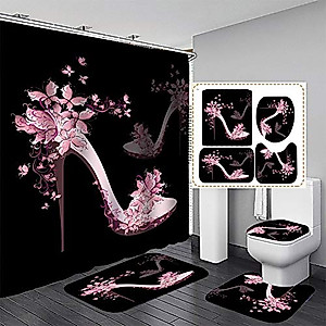 4 pcs High Heel Bathroom Sets with Non-Slip Rugs, Toilet Lid Cover and Bath Mat, Pink Butterfly High Heel Waterproof Shower Curtains with 12 Hooks, Bathroom Girly Decor #2-180x180