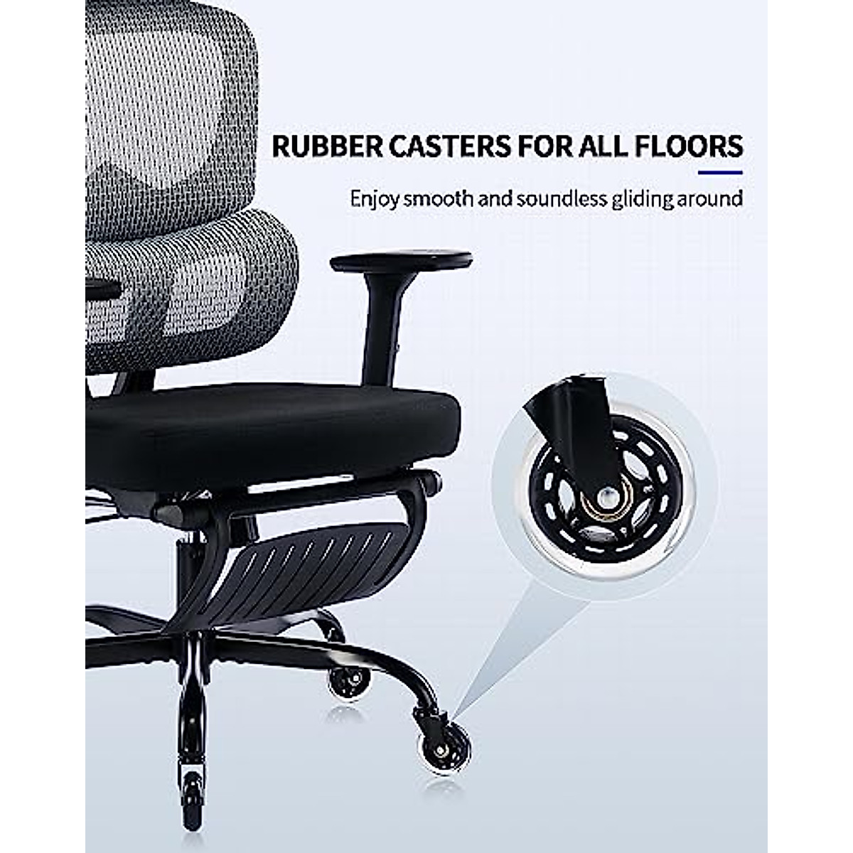 Ergonomic Office Chair with Foot Rest, Rubber Wheels Desk Chair with Lumbar Support, Adjustable Headrest & 3D Armrest, Mesh Computer Chair for Adults, Reclining Home Office Chair BlackGray