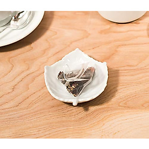 HIC Kitchen Tea Bag Holder Resting Caddy, Fine White Porcelain, Leaf Design, Set of 2